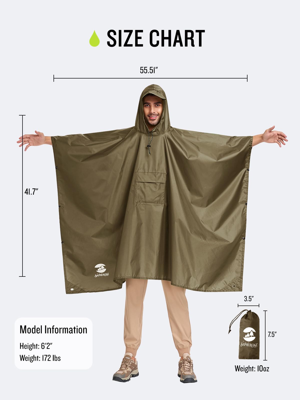 SaphiRose Hooded Rain Poncho Waterproof Raincoat Jacket for Men Women Adults(brown)