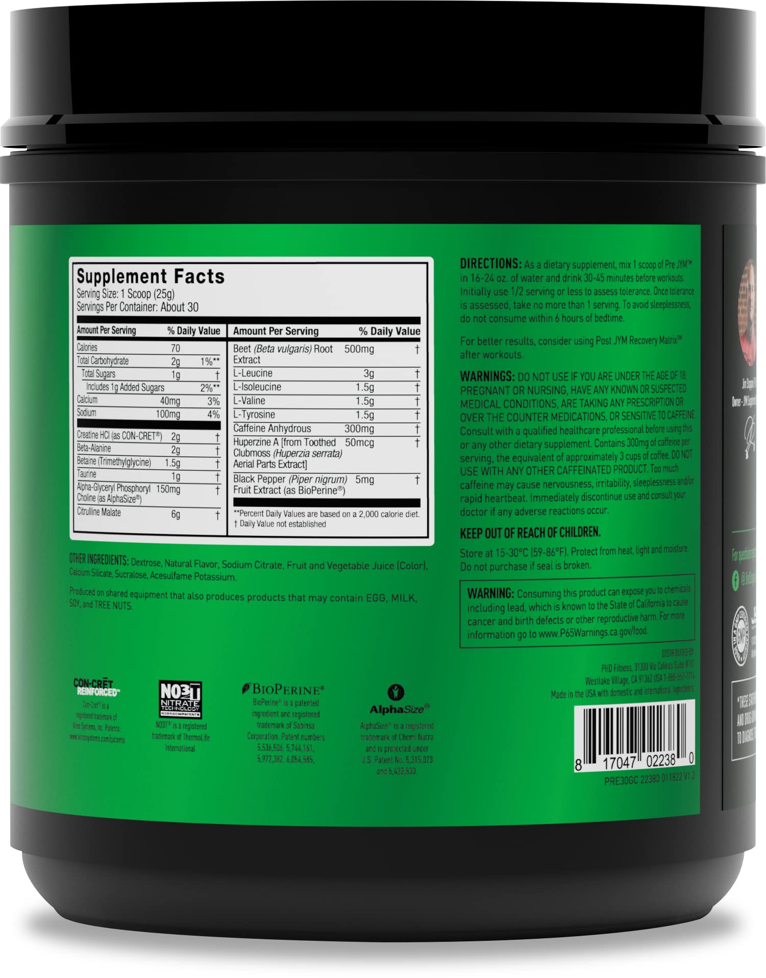 Pre JYM Grape Candy Pre Workout Powder - BCAAs, Nootropics, Creatine HCI, Citrulline, Beta-Alanine, Betaine, Taurine, Huperzine | JYM Supplement Science | 30 Servings