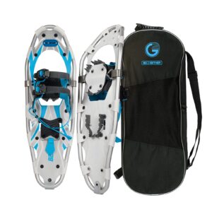 g2 go2gether 25 inches light weight snowshoes for women men youth, set with tote bag, special eva padded ratchet binding, heel lift, blue