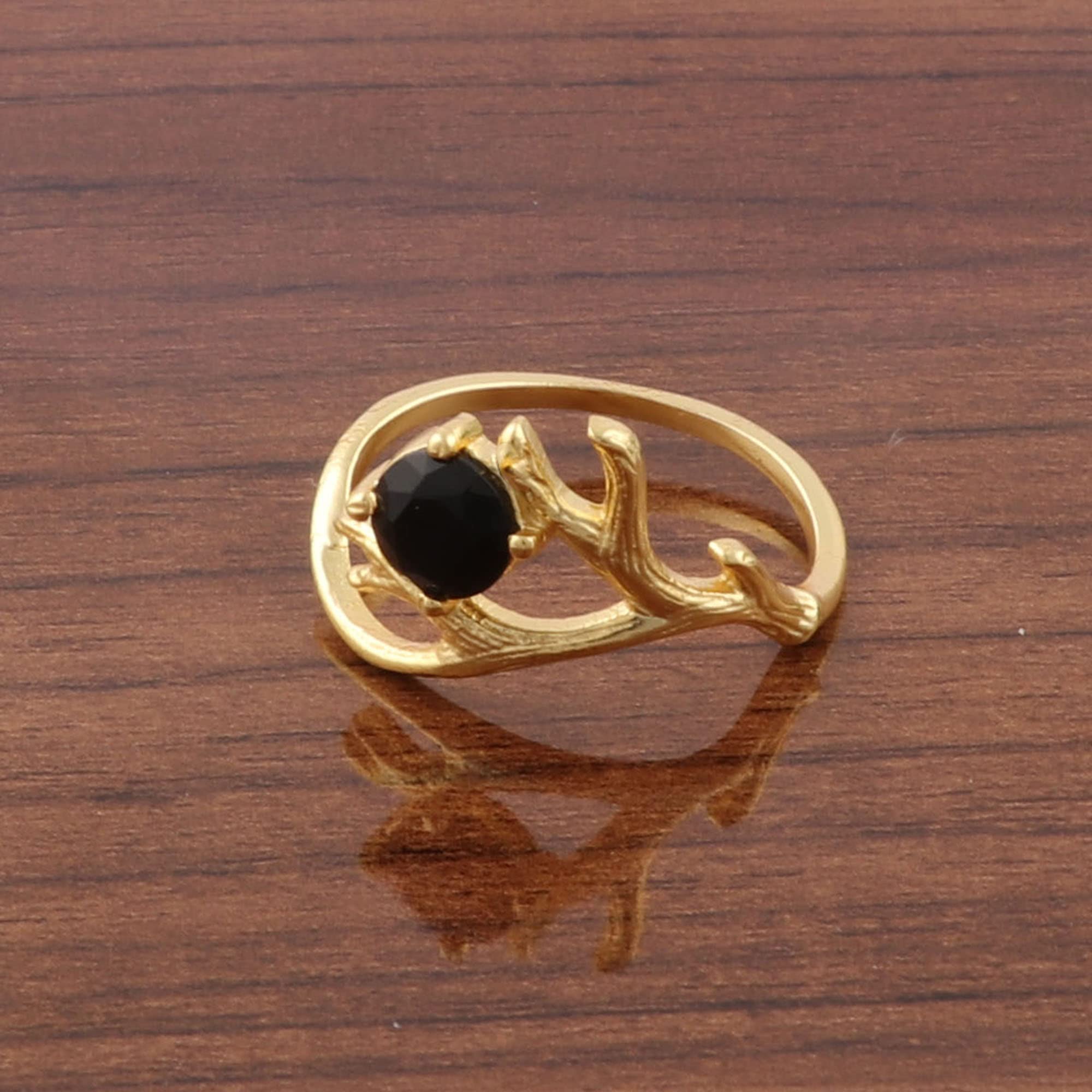 El Joyero Gold Plated Black Onyx. Handmade Round Shape Prong Sett Gemstone Brass Adjustable Rings