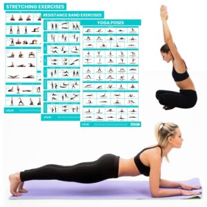 vive yoga poses + stretching exercises + resistance band workouts poster for home gym (3 pack) - 149 illustrations for flexibility, strength, core, exercising, pilates mat - work chart set, laminated 30" x 17"