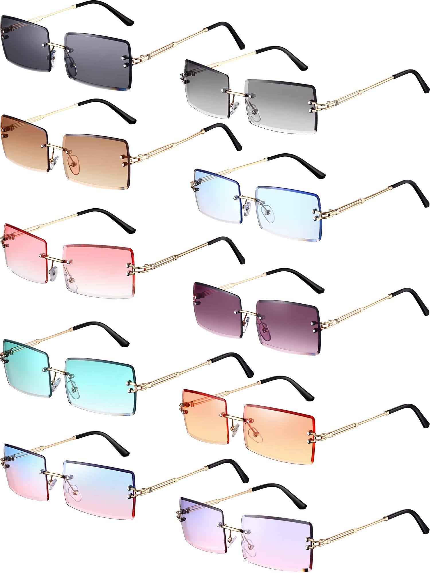 10 Pairs Rimless Sunglasses Rectangle 90s Retro Sunglasses Trendy Y2k Sunglasses Frameless Square Glasses Eyewear for Men Women (Romantic Color)