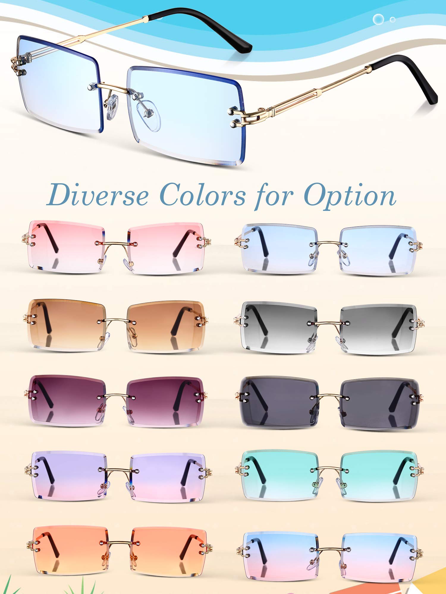 10 Pairs Rimless Sunglasses Rectangle 90s Retro Sunglasses Trendy Y2k Sunglasses Frameless Square Glasses Eyewear for Men Women (Romantic Color)