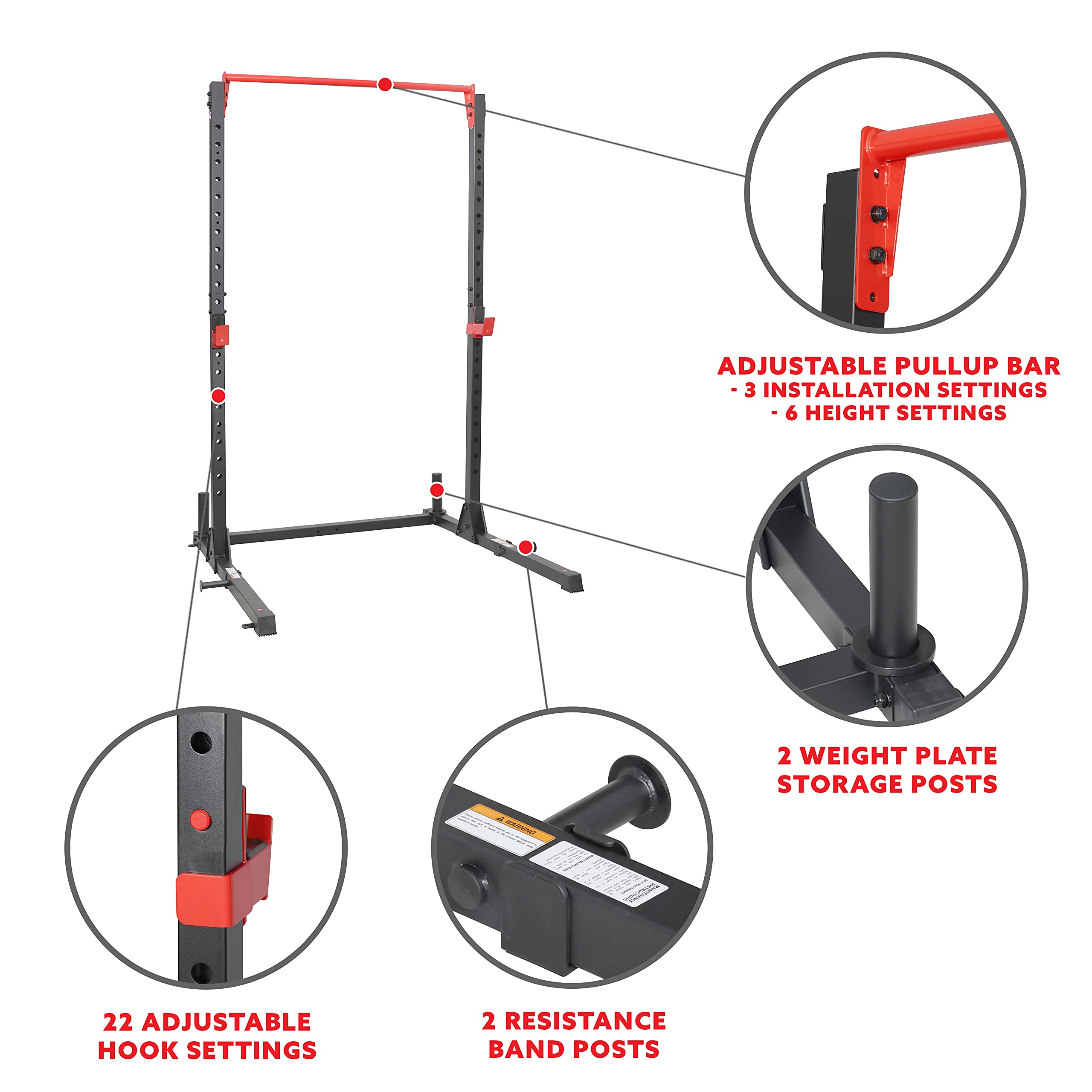 Sunny Health & Fitness Essential Adjustable Power Rack Squat Stand With J-Hooks, Adjustable Pull Up Bar, Weight Plate Holders, Resistance Band Posts Optional Incline Bench, LAT Pull Down Attachment