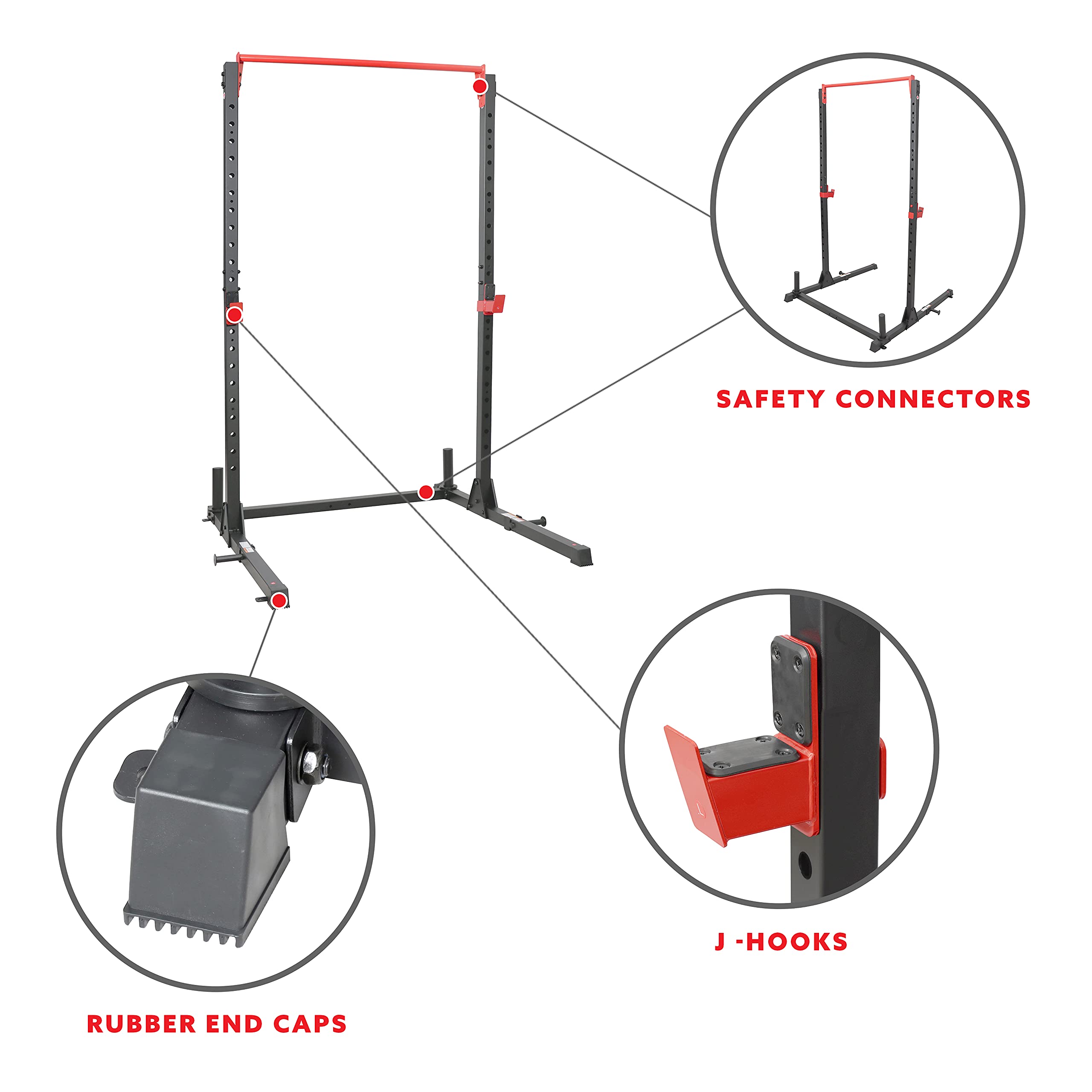 Sunny Health & Fitness Essential Adjustable Power Rack Squat Stand With J-Hooks, Adjustable Pull Up Bar, Weight Plate Holders, Resistance Band Posts Optional Incline Bench, LAT Pull Down Attachment