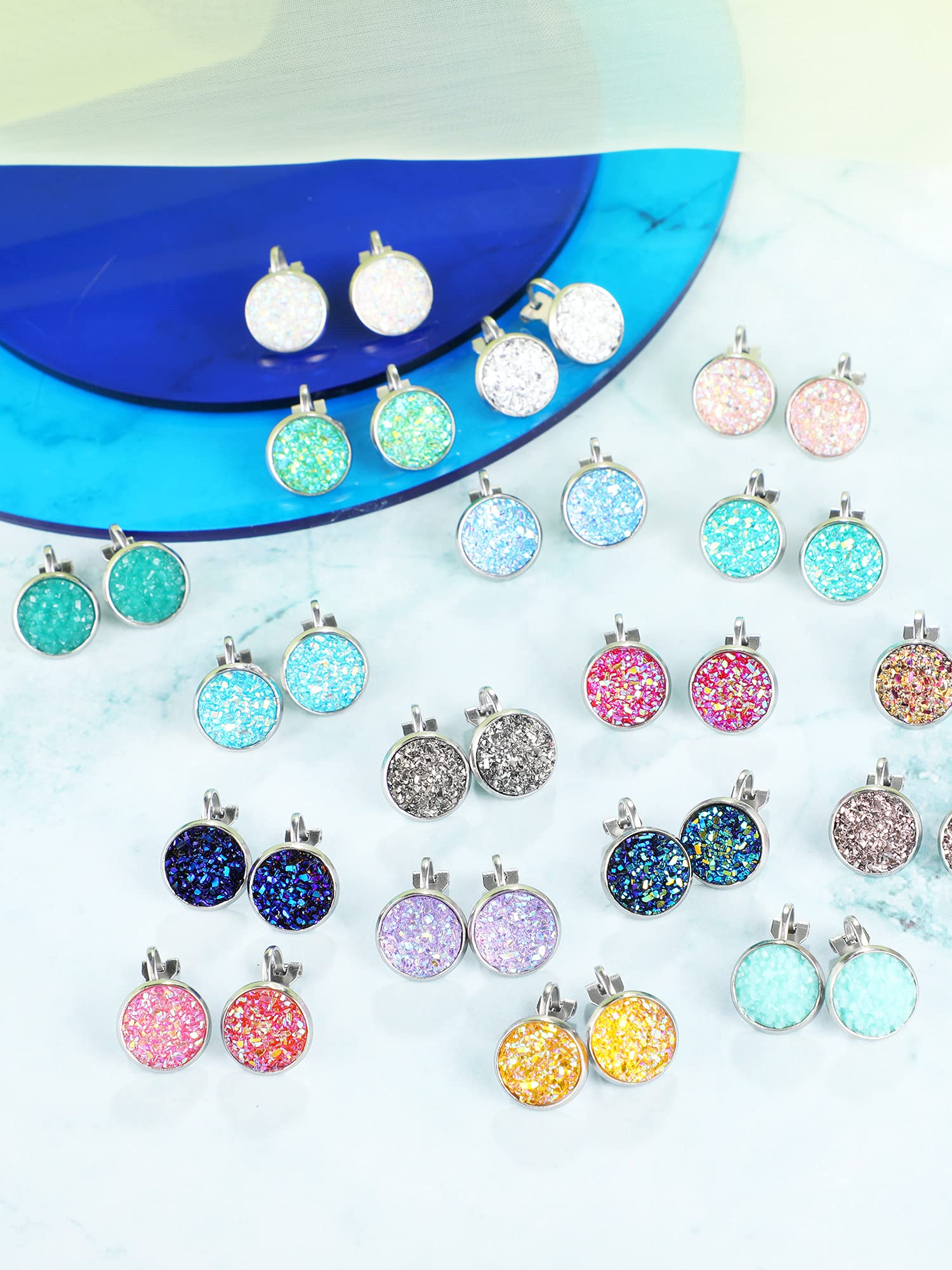 32 Pairs Clip on Earrings for Women Clip on Stud Earrings Bohemian Round Faux Druzy Earrings Ear Clip Stainless Steel Earrings Jewelry for Women(Clip-on Style)