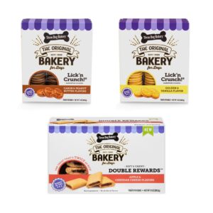 three dog bakery classic cookies variety pack premium treats for dogs, carob/peanut butter, golden/vanilla, & double reward, 36 ounces, (pack of 3)