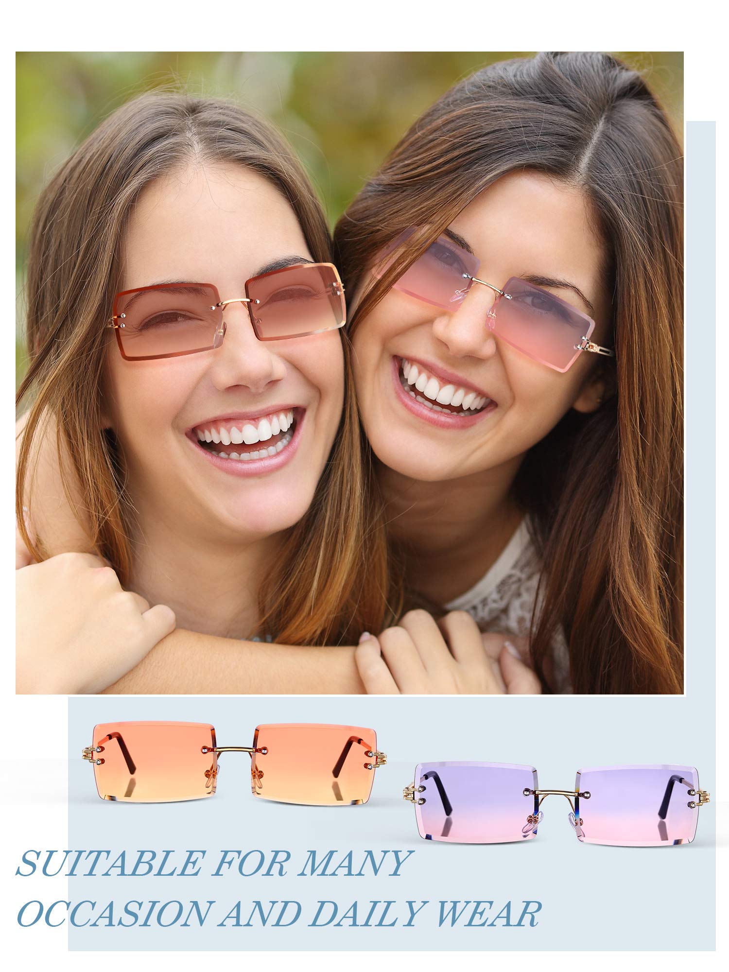 10 Pairs Rimless Sunglasses Rectangle 90s Retro Sunglasses Trendy Y2k Sunglasses Frameless Square Glasses Eyewear for Men Women (Romantic Color)