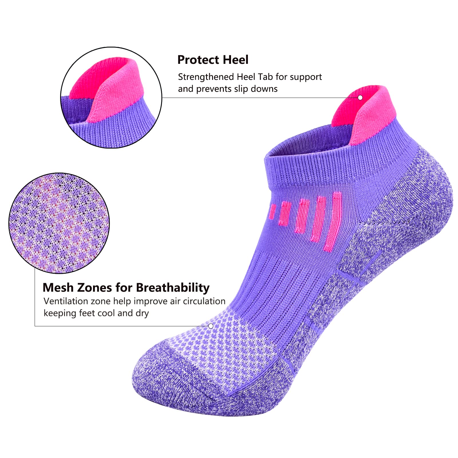 J.WMEET Womens Ankle Athletic Socks Low Cut Cushioned Breathable Running Performance Sport Tab Cotton Socks 6 Pack (Multicoloured)