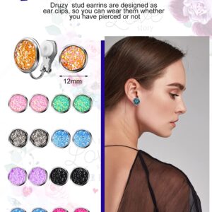 32 Pairs Clip on Earrings for Women Clip on Stud Earrings Bohemian Round Faux Druzy Earrings Ear Clip Stainless Steel Earrings Jewelry for Women(Clip-on Style)