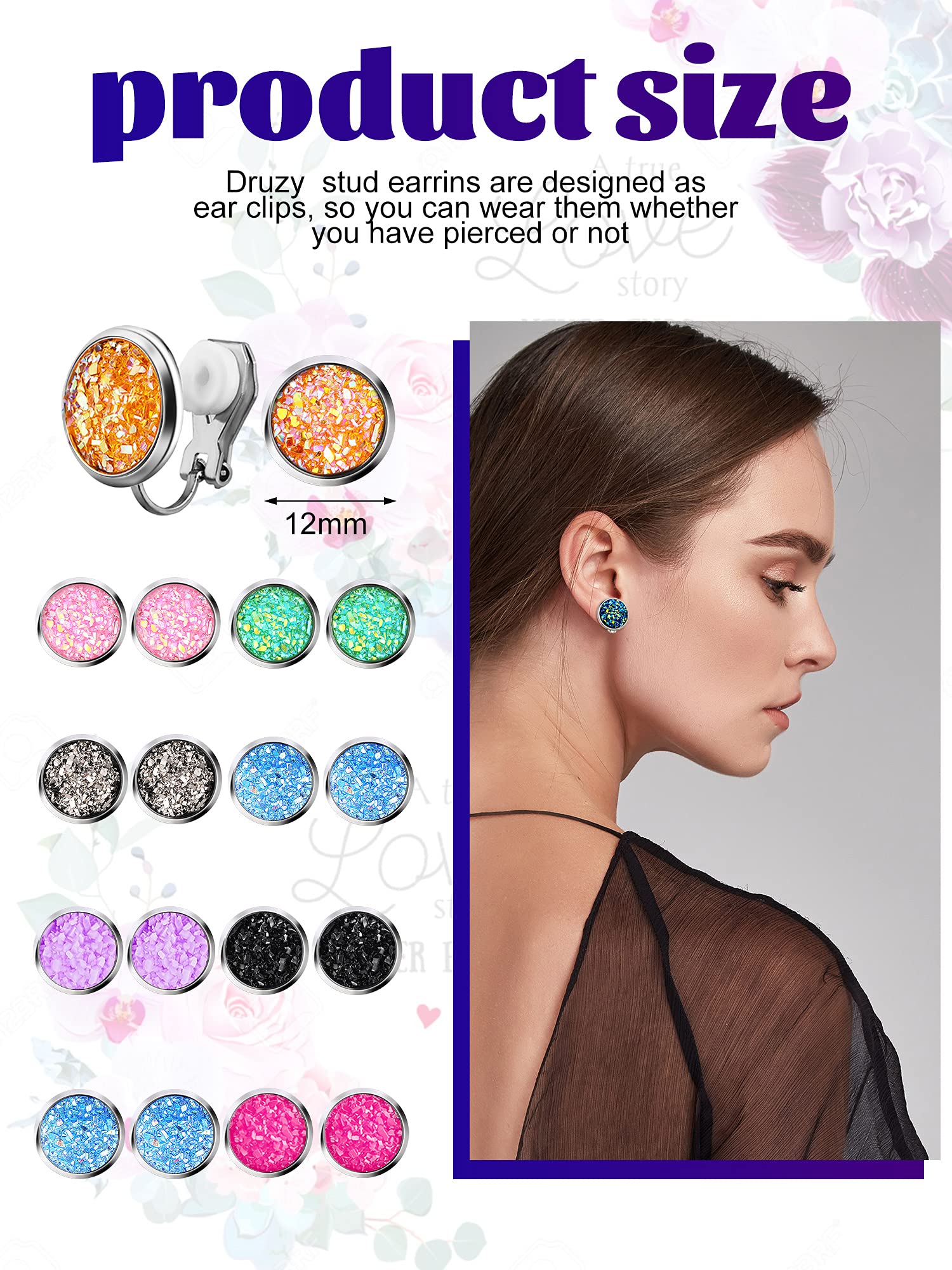 32 Pairs Clip on Earrings for Women Clip on Stud Earrings Bohemian Round Faux Druzy Earrings Ear Clip Stainless Steel Earrings Jewelry for Women(Clip-on Style)