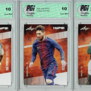 3) Pele Lionel Messi Cristiano Ronaldo 2020 Leaf HYPE Card GOAT! Lot All PGI 10