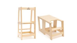 learning toddler desk & toddler tower - foldable 2 in 1 kitchen stool & desk for toddlers. convenient toddler standing tower, converts into a toddler table / desk for toddler (natural wood)