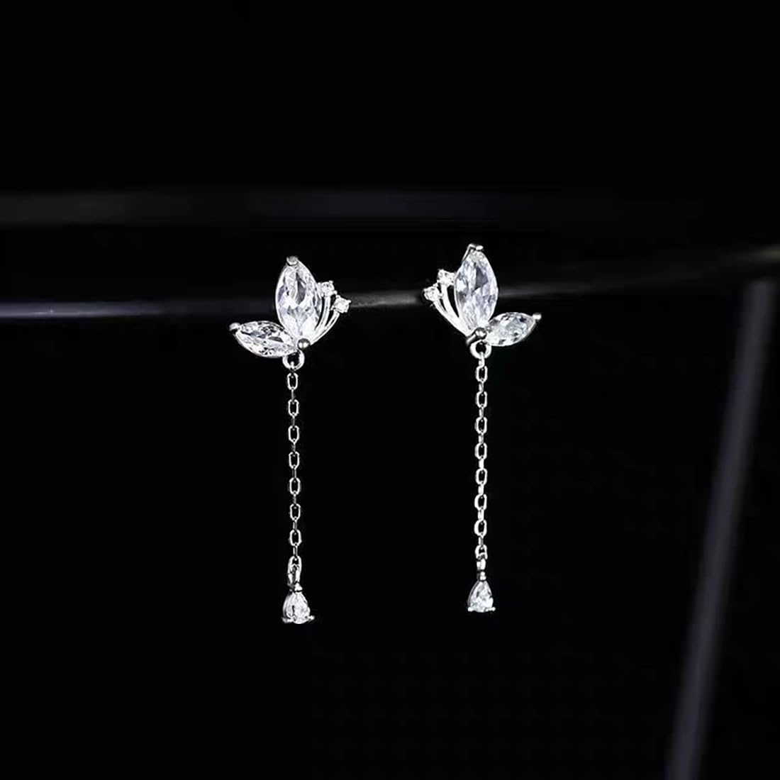 SLUYNZ 925 Sterling Silver CZ Butterfly Dangle Earrings Droplet Chain for Women Teen Girls Pretty Butterfly Drop Earrings Tassel(A-Platinum Plated)