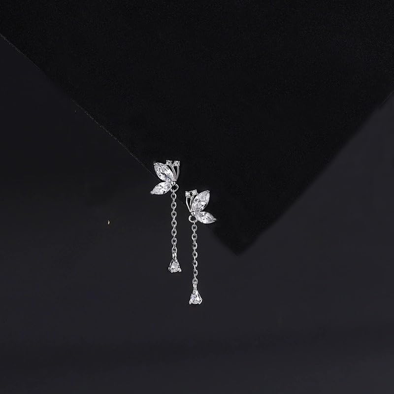 SLUYNZ 925 Sterling Silver CZ Butterfly Dangle Earrings Droplet Chain for Women Teen Girls Pretty Butterfly Drop Earrings Tassel(A-Platinum Plated)