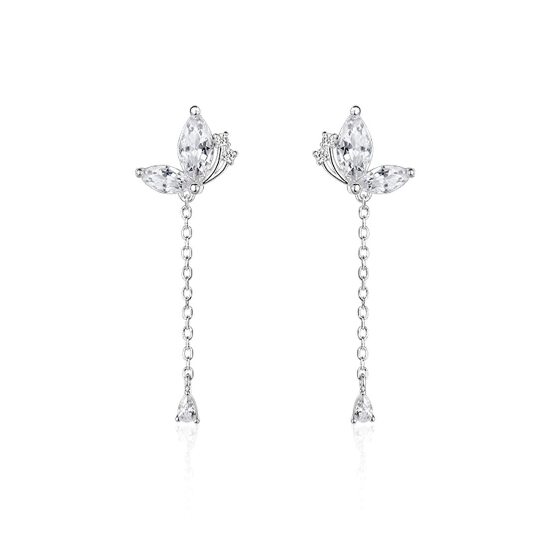 SLUYNZ 925 Sterling Silver CZ Butterfly Dangle Earrings Droplet Chain for Women Teen Girls Pretty Butterfly Drop Earrings Tassel(A-Platinum Plated)