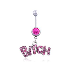 hekeuor bitch gem belly ring 316l surgical steel dangle navel ring black pink (pink)