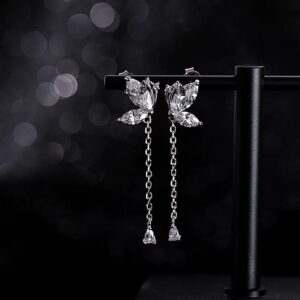 SLUYNZ 925 Sterling Silver CZ Butterfly Dangle Earrings Droplet Chain for Women Teen Girls Pretty Butterfly Drop Earrings Tassel(A-Platinum Plated)