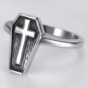 Jude Jewelers Stainless Steel Christian Cross Coffin Shape Religious Prayer Cocktail Party Halloween Biker Ring (Silver, 6)