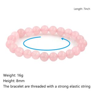 Natural Gemstones Rose Quartz Bracelet 8mm Chakra Round Beads Energy Power Crystal Reiki Healing Elastic Stretch 7 Inch for Women Men Unisex