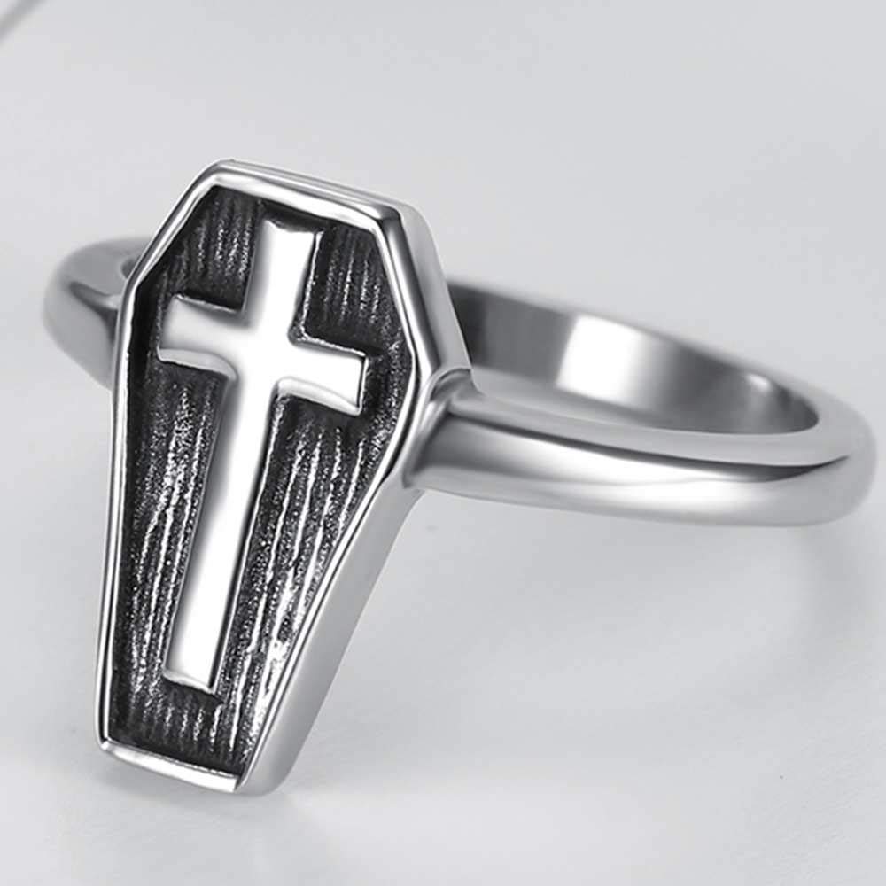 Jude Jewelers Stainless Steel Christian Cross Coffin Shape Religious Prayer Cocktail Party Halloween Biker Ring (Silver, 6)