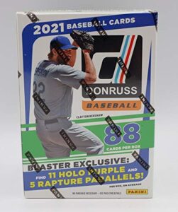 2021 panini donruss mlb baseball blaster box - 11 packs of 8 cards - 11 holo purple and 5 rapture parallels per box on avg.