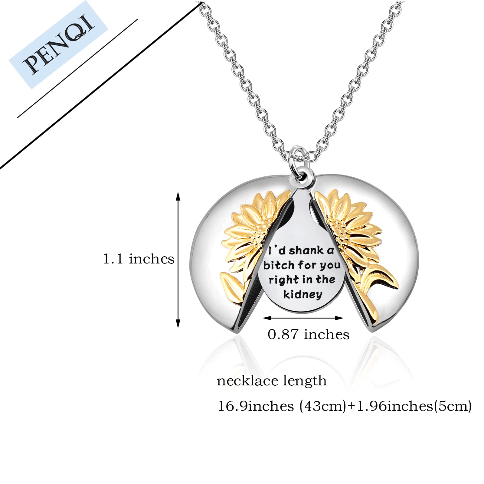 PENQI Sunflower Necklace Funny Best Friend Gift I’d Shank a Bitch For You Right In The Kidney Necklace Long Distance friendship Jewelry Bestie Soul Sister Gift