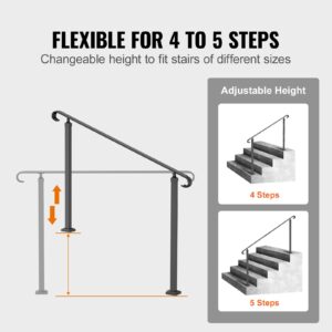 VEVOR Handrail for Outdoor Steps, 4-5 Steps Flat Outdoor Handrail, Adjustable Wrought Iron Staircase Handrail, Thickened Stair Railings for Porch Railing, Deck Handrail