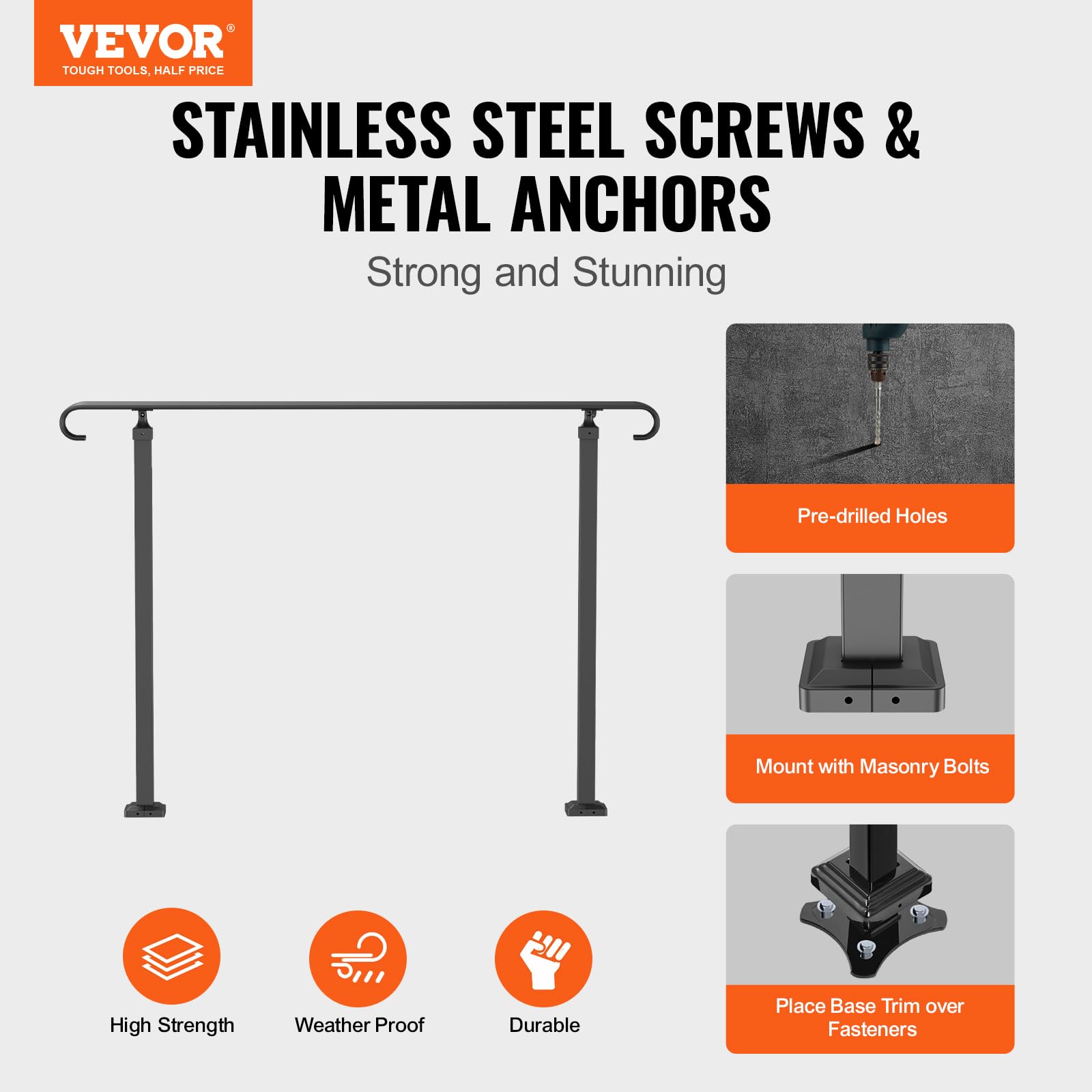 VEVOR Handrail for Outdoor Steps, 4-5 Steps Flat Outdoor Handrail, Adjustable Wrought Iron Staircase Handrail, Thickened Stair Railings for Porch Railing, Deck Handrail