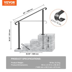 VEVOR Handrail for Outdoor Steps, 4-5 Steps Flat Outdoor Handrail, Adjustable Wrought Iron Staircase Handrail, Thickened Stair Railings for Porch Railing, Deck Handrail