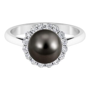 black cultured pearl halo cocktail ring for women, 8 mm round, aaa quality, june birthstone jewelry, 14k white gold, size:us 10.00