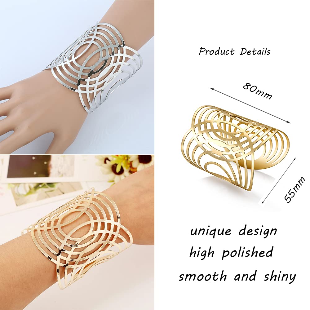 MOZAKA 6Pcs Wide Cuff Bangle Bracelet Set for Women Open Thin Thread Wire Smooth Grooved Armband Bracelets Adjustable Wrist Jewelry Set(Gold)