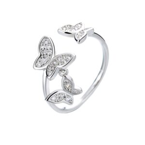 adjustable leaf open ring silver plated cubic zirconia opening ring dainty butterfly open band ring fashion style adjustable animal ring silver butterfly ring double butterfly ring jewelry-butterfly