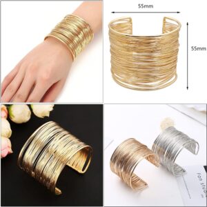 MOZAKA 6Pcs Wide Cuff Bangle Bracelet Set for Women Open Thin Thread Wire Smooth Grooved Armband Bracelets Adjustable Wrist Jewelry Set(Gold)