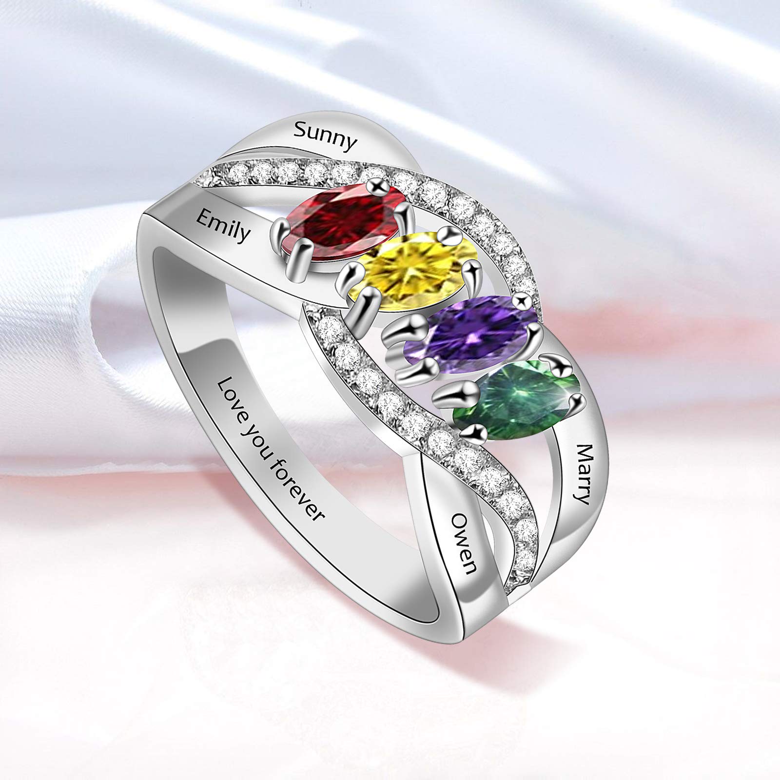 BAUMA AUTO Mothers Ring Personalized Mothers Rings with 4 Simulated Birthstones for Grandmother Mother Meaningful Anniversary Rings for Women Wife