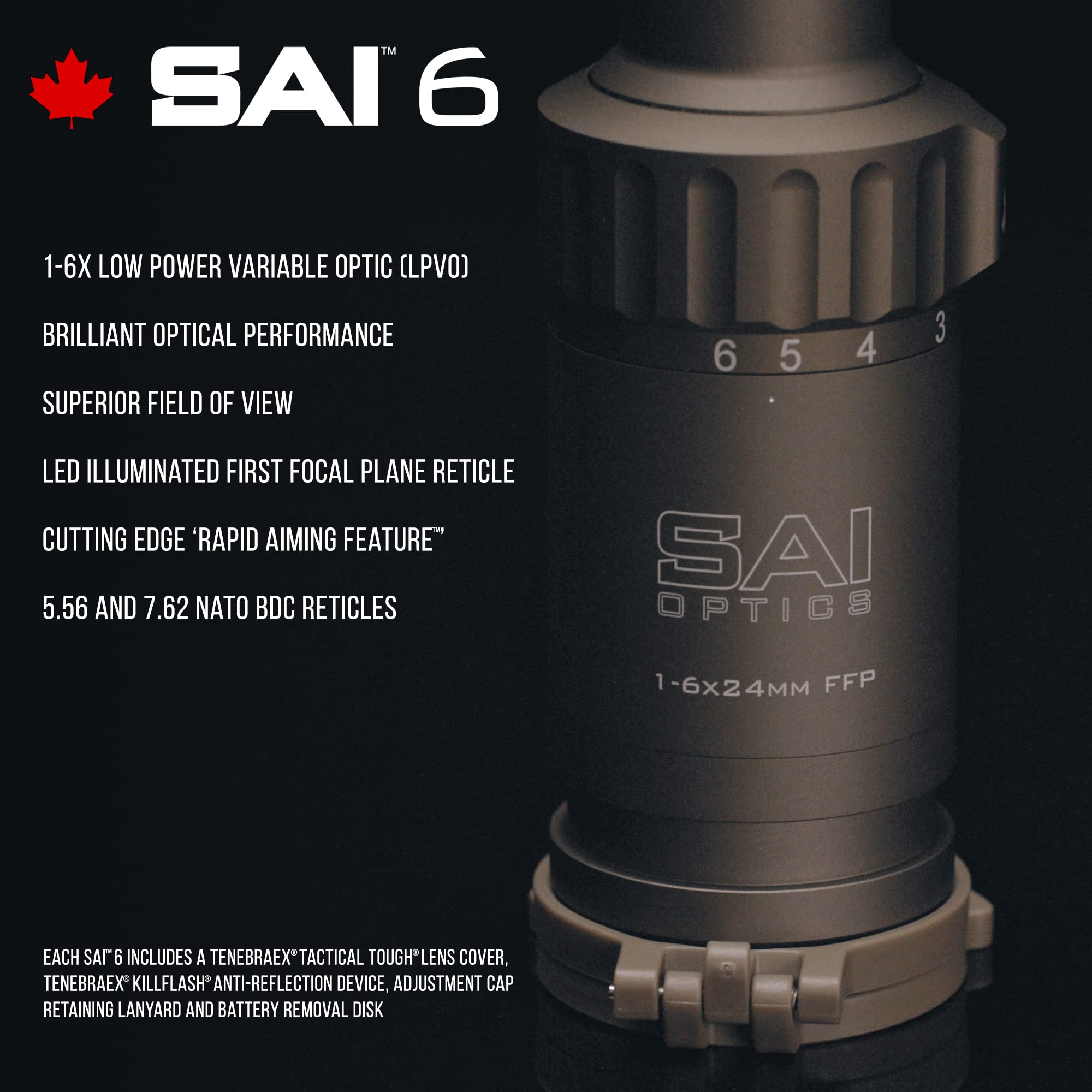 SAI Optics Model SAI 6 1x-6x 24mm Low Power Variable Optic LPVO Riflescope with Rapid Aiming Feature Reticle, 5.56 NATO BDC