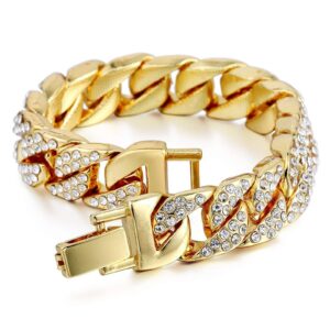 aiyo nice mens womens cuban link bracelet hip hop bracelet gold chain bracelet iced out curb cuban 18k gold plated bracelet with clear rhinestones (a-gold-7.79in)