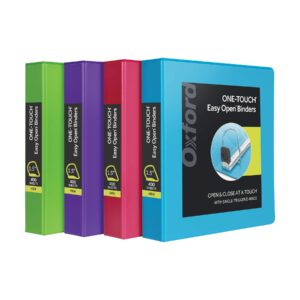 oxford 3 ring binders, 1.5 inch one-touch easy open d rings, durable binders for school and office, clearvue, xtralife hinge, non-stick, pvc-free, assorted colors, holds 375 sheets, 4 pk (79908)