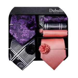 Dubulle Lot 3 PCS Classic Men's Silk Tie Set Paisley Stripe Necktie for Men Pocket Square Gift Box Multiple Sets,Purple Black Coral