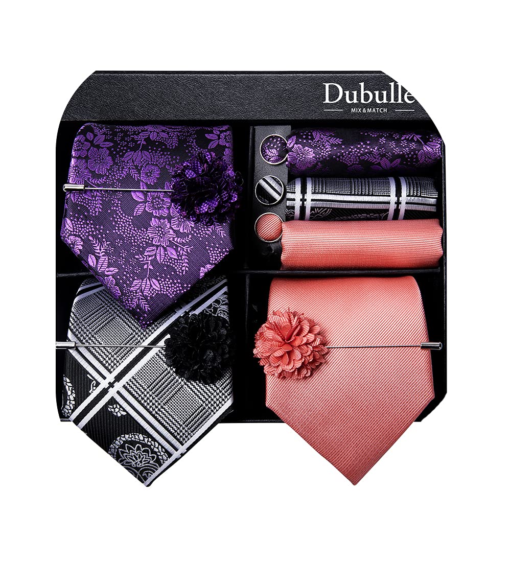 Dubulle Lot 3 PCS Classic Men's Silk Tie Set Paisley Stripe Necktie for Men Pocket Square Gift Box Multiple Sets,Purple Black Coral