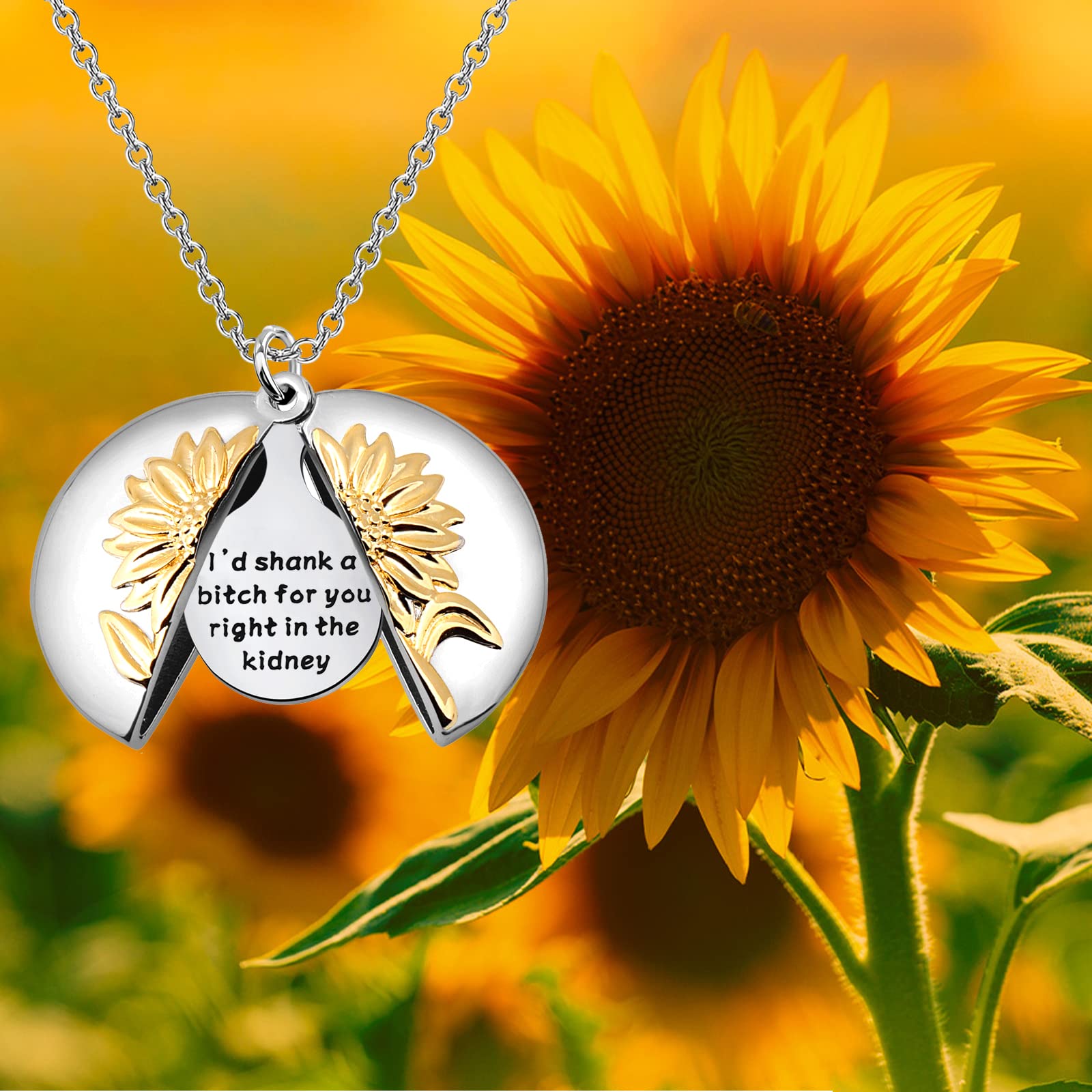 PENQI Sunflower Necklace Funny Best Friend Gift I’d Shank a Bitch For You Right In The Kidney Necklace Long Distance friendship Jewelry Bestie Soul Sister Gift