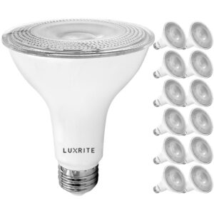 luxrite 12 pack led par30 flood light bulb, 75w equivalent, 3000k soft white, 850 lumens, 11w dimmable, indoor outdoor spotlight bulb, wet rated, e26 standard base, ul listed