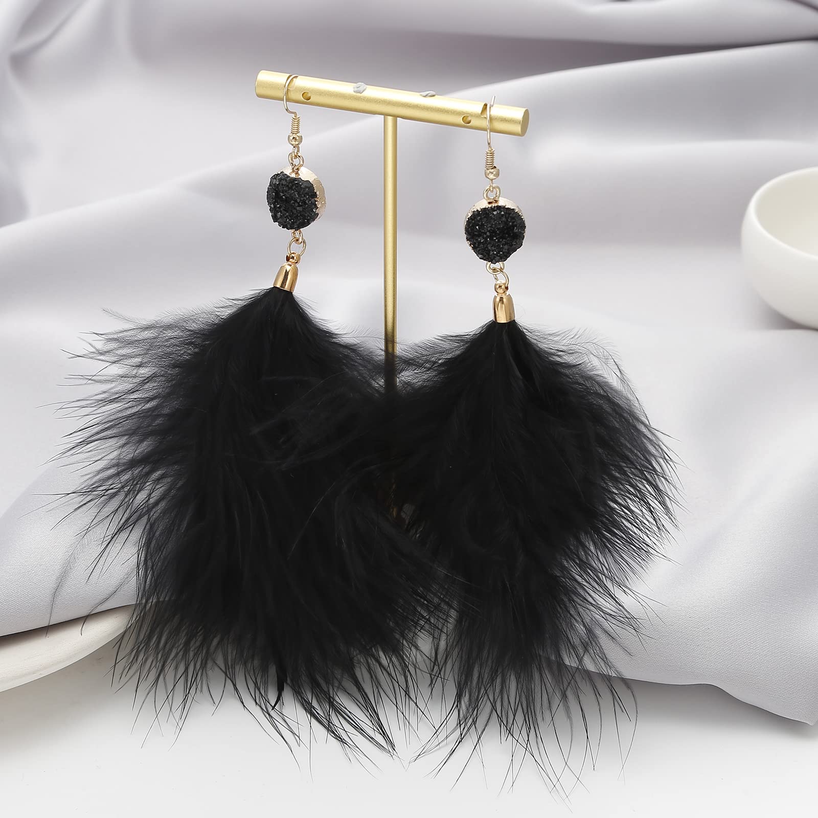 Winssigma Feather Earrings for Women Long Dangle Earrings Bohemian Feather Tassel Earrings(Black)