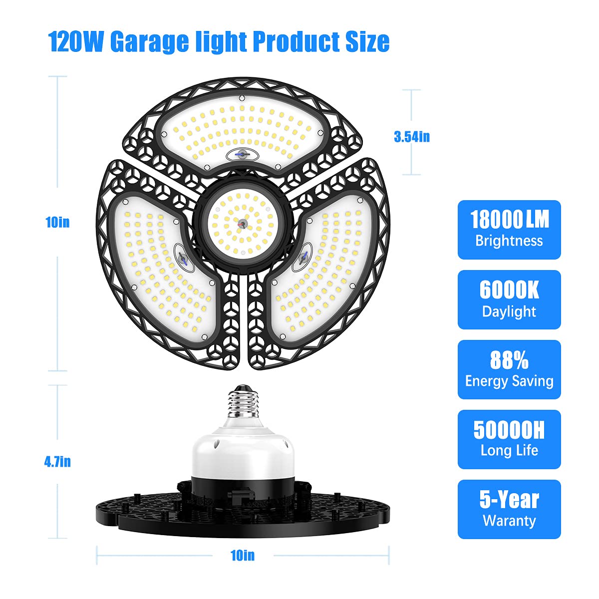 Dansny LED Garage Light, 120W Deformable LED Garage Ceiling Lights 18000 Lumens Led Shop Lights for Garage, Garage Lights with 3 Adjustable Panels.