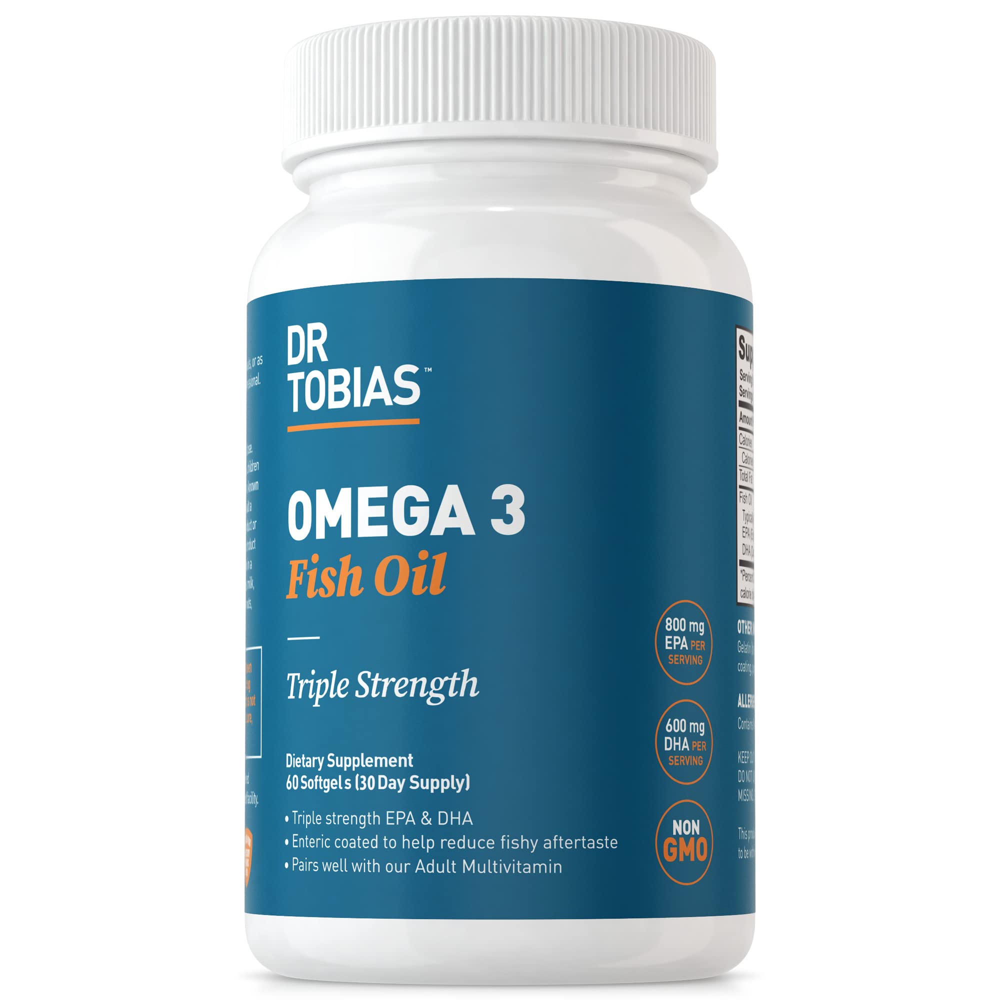 Dr. Tobias Omega 3 Fish Oil, 2000mg Triple Strength Omega 3 Supplement with 800mg EPA 600mg DHA Per Serving, Fish Oil Omega 3 Supplements for Heart, Brain & Immune Support, 60 Softgels, 30 Servings