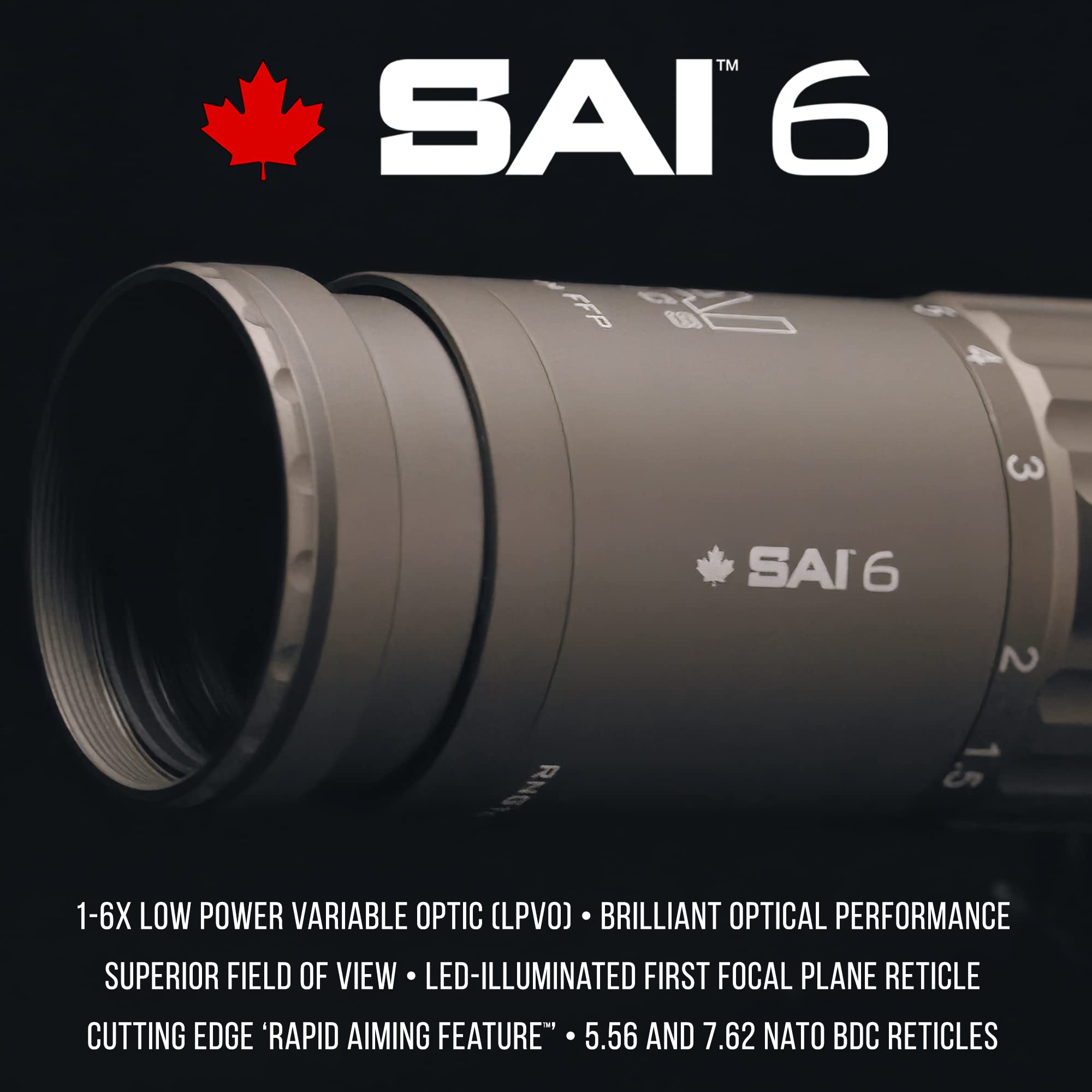 SAI Optics Model SAI 6 1x-6x 24mm Low Power Variable Optic LPVO Riflescope with Rapid Aiming Feature Reticle, 5.56 NATO BDC