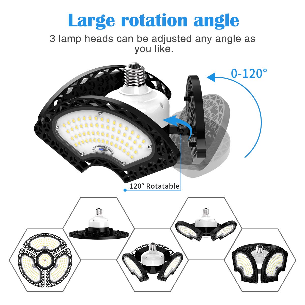 Dansny LED Garage Light, 120W Deformable LED Garage Ceiling Lights 18000 Lumens Led Shop Lights for Garage, Garage Lights with 3 Adjustable Panels.