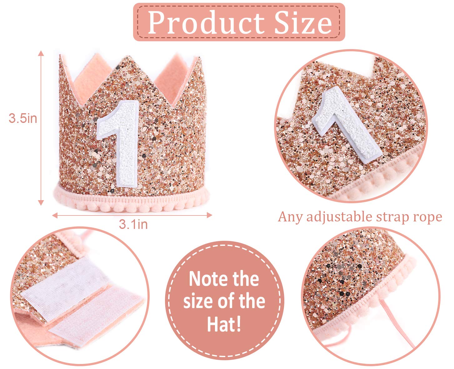 Glitter Birthday Crown - Photo Booth Props, Party Hat for Baby's 1st Birthday (Pink and Gold)