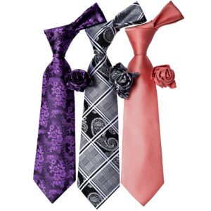 Dubulle Lot 3 PCS Classic Men's Silk Tie Set Paisley Stripe Necktie for Men Pocket Square Gift Box Multiple Sets,Purple Black Coral