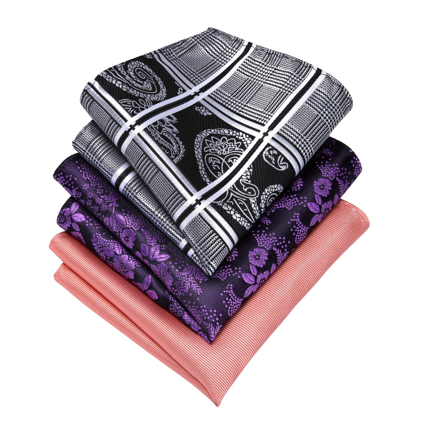 Dubulle Lot 3 PCS Classic Men's Silk Tie Set Paisley Stripe Necktie for Men Pocket Square Gift Box Multiple Sets,Purple Black Coral